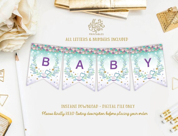 Mermaid Baby Shower Printable Banner. ALL LETTERS & NUMBERS. Sparkly ...