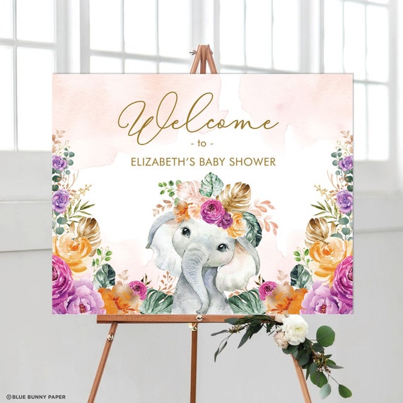 Fall Elephant Baby Shower Welcome Sign Tropical Orange Purple Floral ...