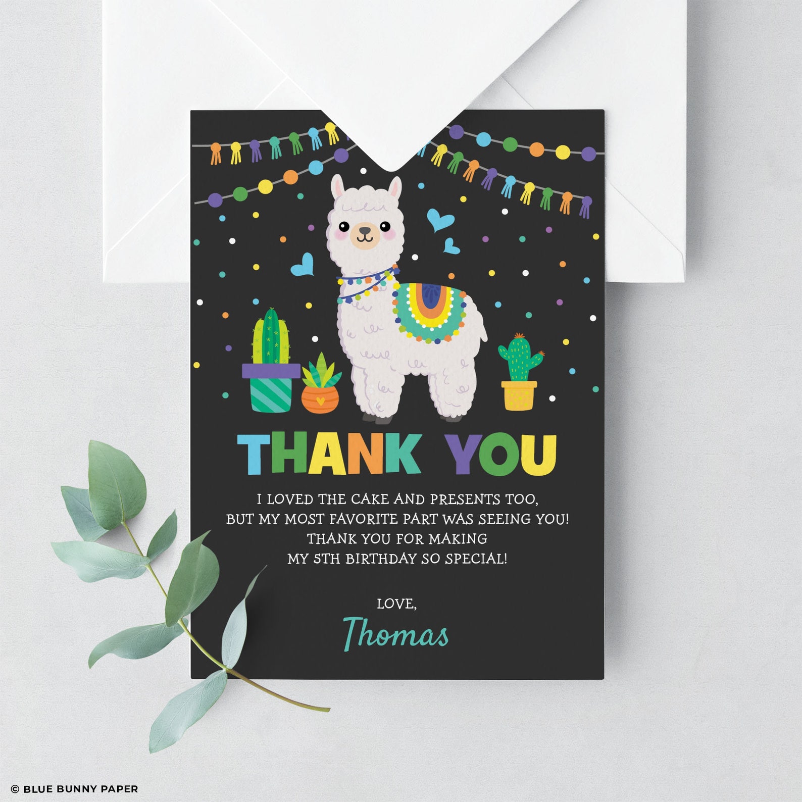 EDITABLE Llama Birthday Thank You Card Template, Boy Alpaca Party ...