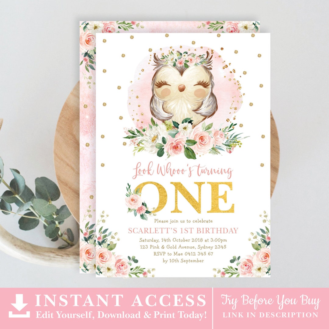 Editable Girl Owl 1st Birthday Invitation. Pink Gold Floral Owl Party ...