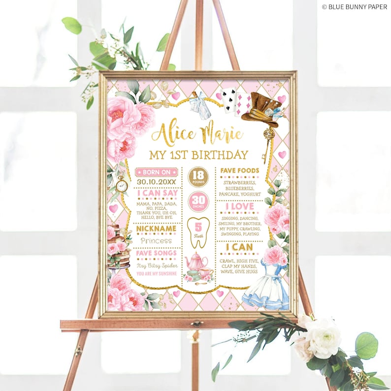 Alice in Wonderland Girl Birthday Milestone Board, Pink Color Scheme ...
