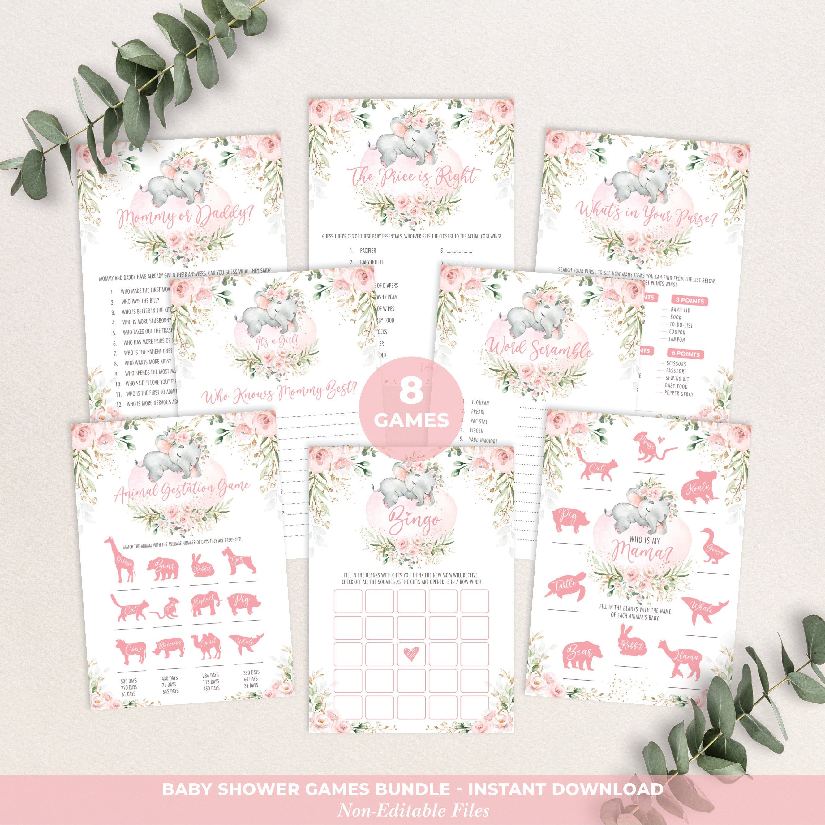8 Elephant Baby Shower Games Blush Pink Floral Games Bundle - Etsy