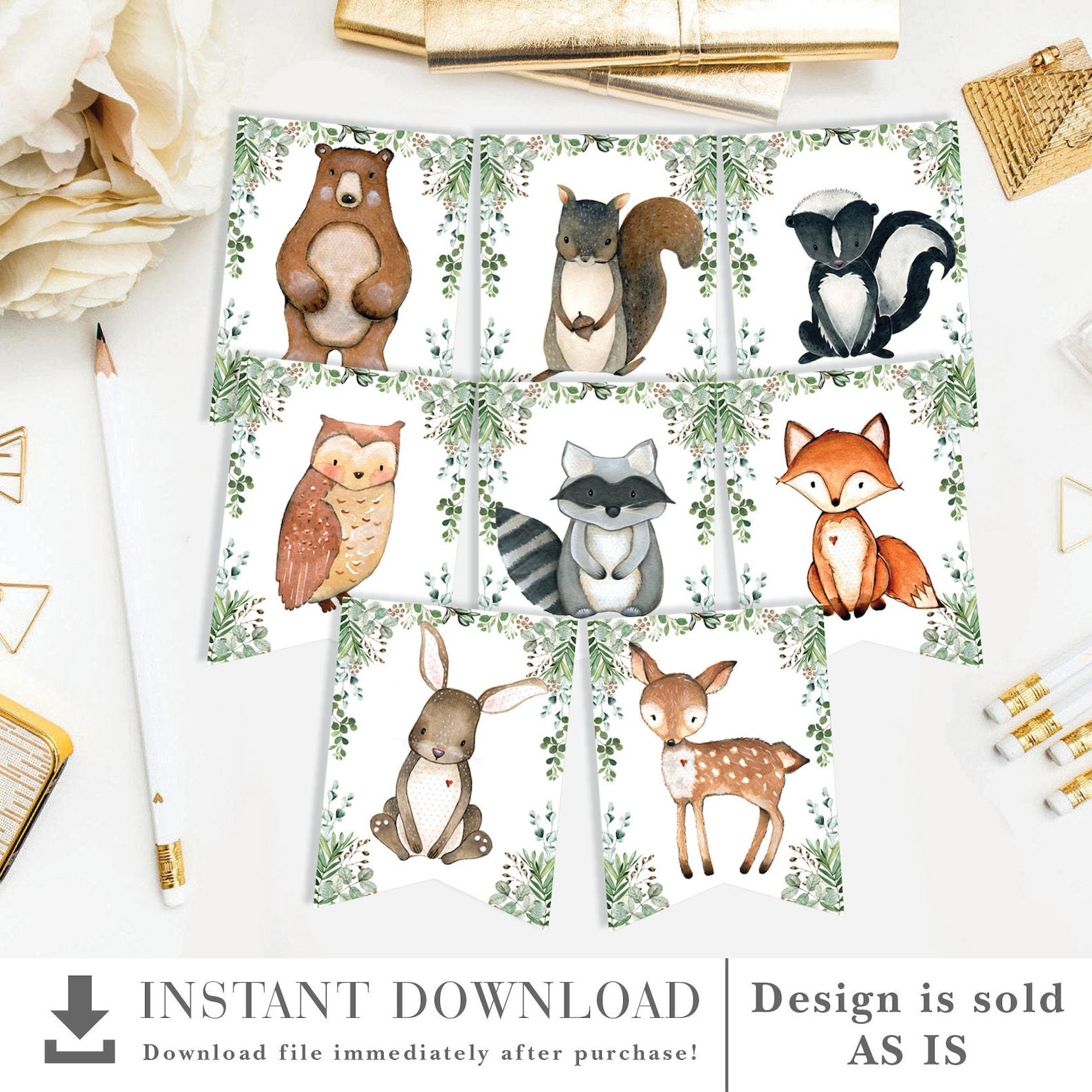 Greenery Woodland Animals Printable Banner. Botanical Forest - Etsy