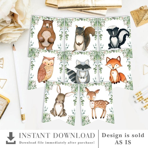 Woodland Animals Printable Banner Greenery Forest 1st - Etsy