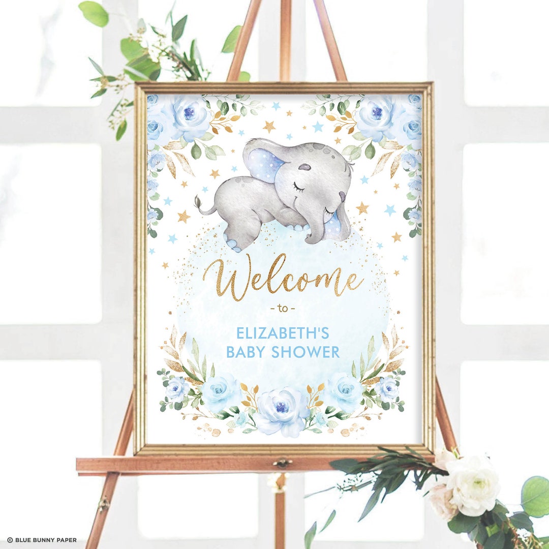 EDITABLE Elephant Welcome Sign, Blue Gold Floral Baby Shower Poster ...