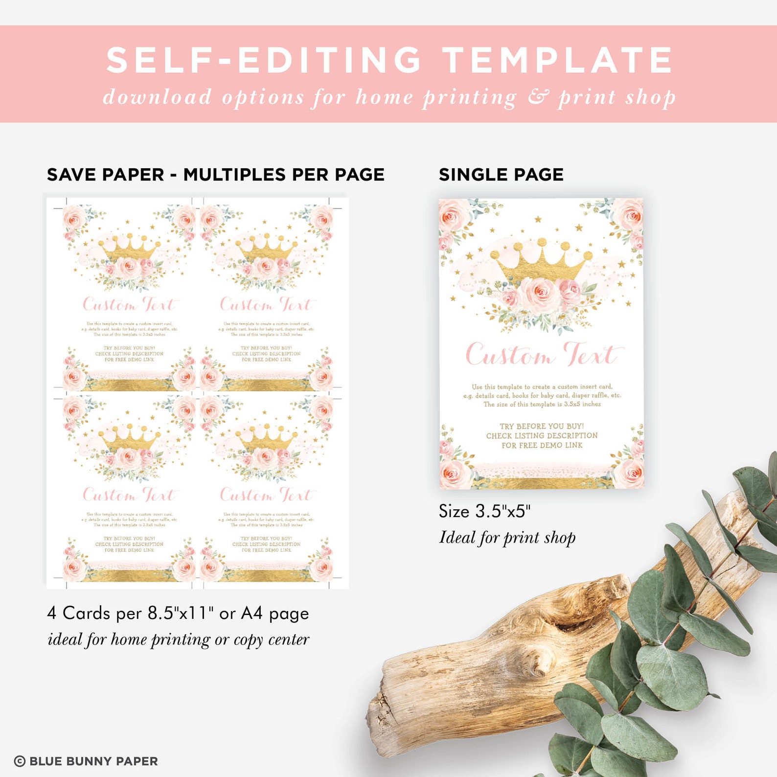 Editable Crown Princess Insert Card Template Blush Floral | Etsy