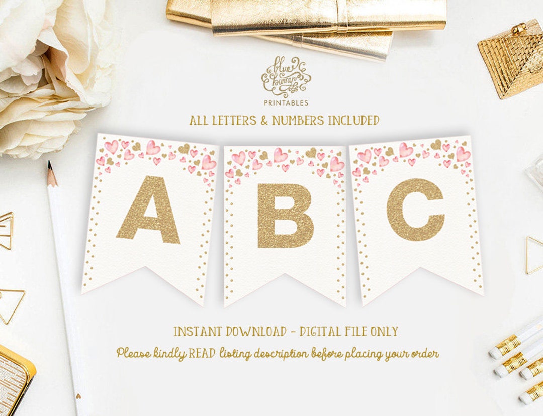 Valentines 1st Birthday Printable Banner. Blush Pink Gold Hearts Party ...