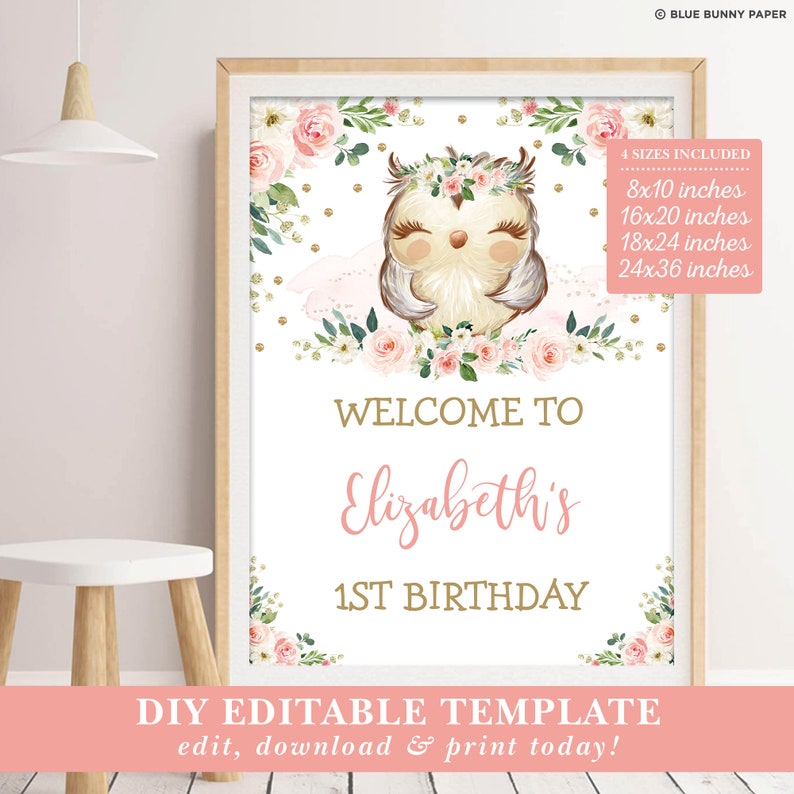 EDITABLE Girl Owl Birthday Welcome Sign, Blush Gold Floral Owl 1st ...