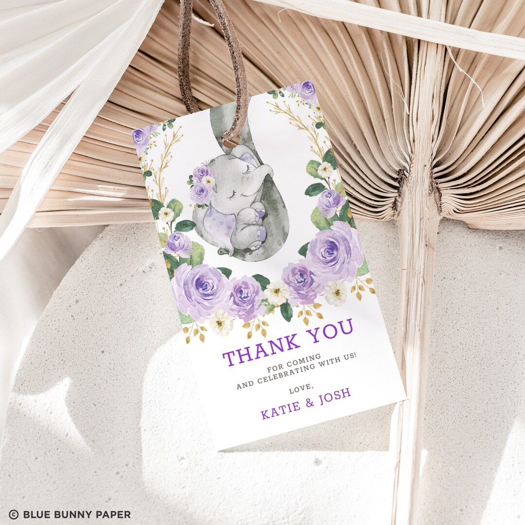 Purple Elephant Favor Tag Template, Lavender Flower Jungle Animal Party ...