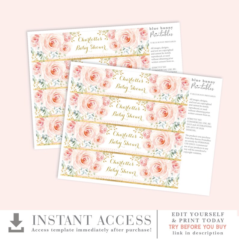 Blush Gold Floral Water Bottle Labels. Girl Baby Shower Favors ...