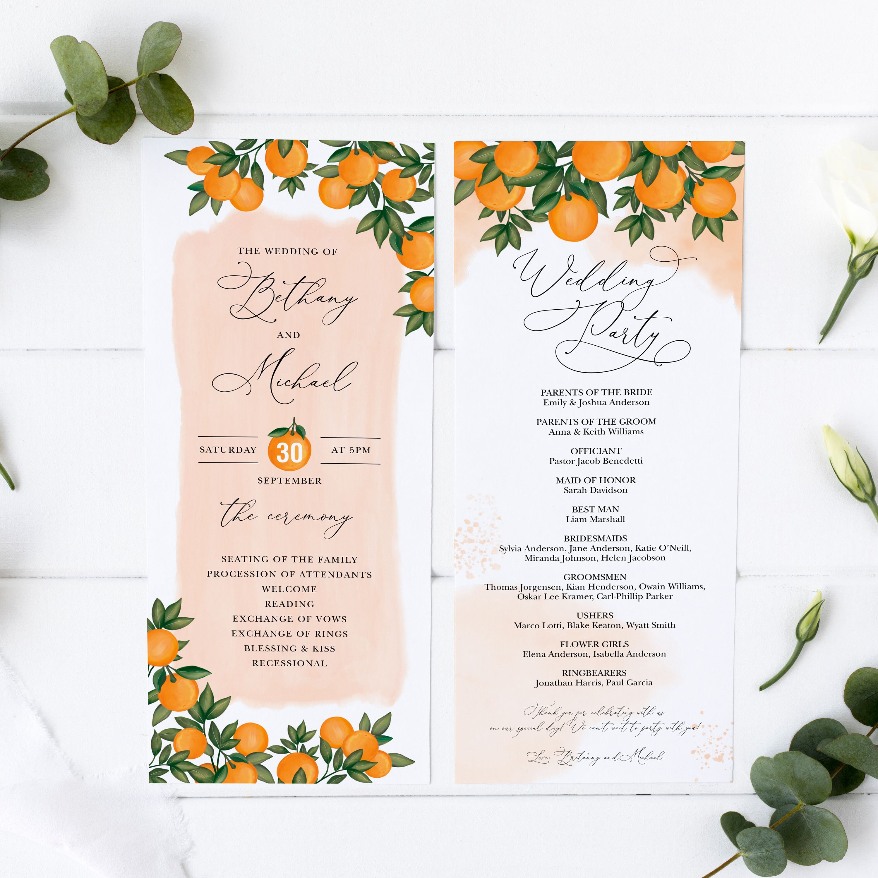 Orange Wedding Program Template Citrus Ceremony Program | Etsy