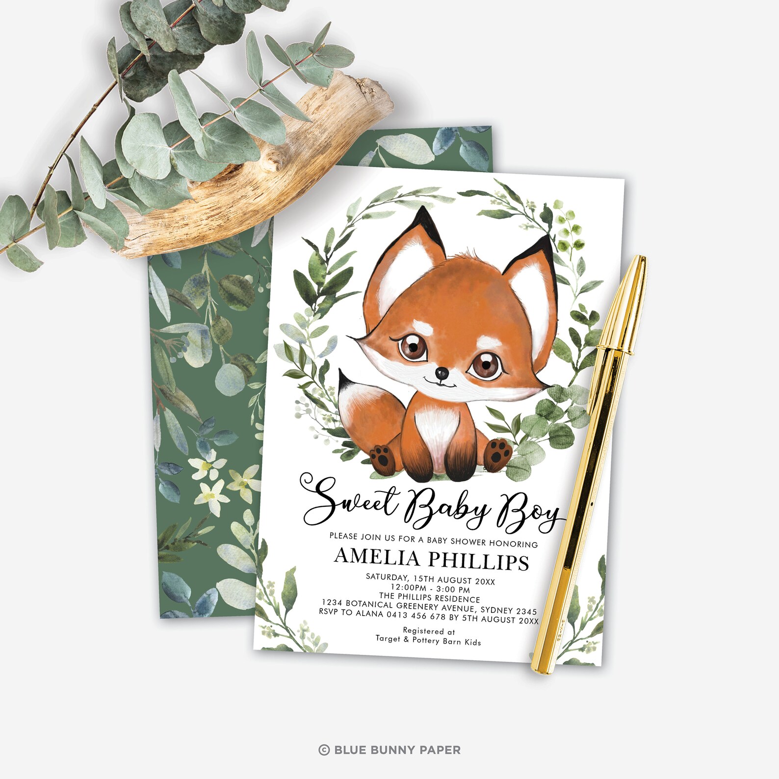 Editable Fox Baby Shower Invitation. Sweet Baby Boy Greenery Woodland ...