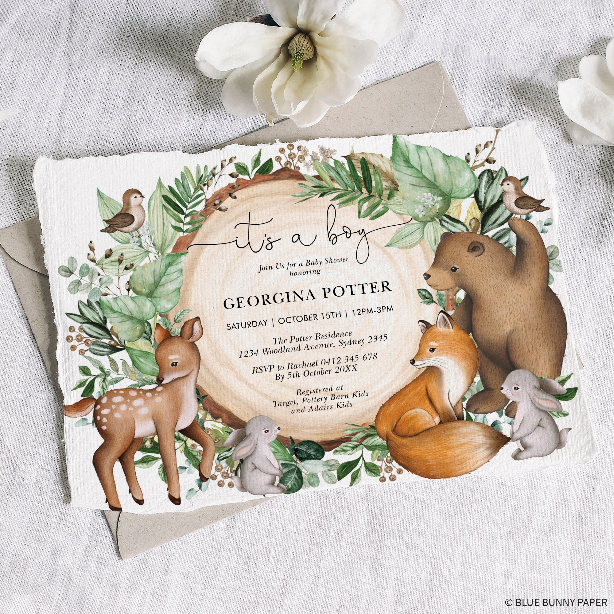 Greenery Woodland Animals Baby Shower Invitation Rustic Forest Friends ...