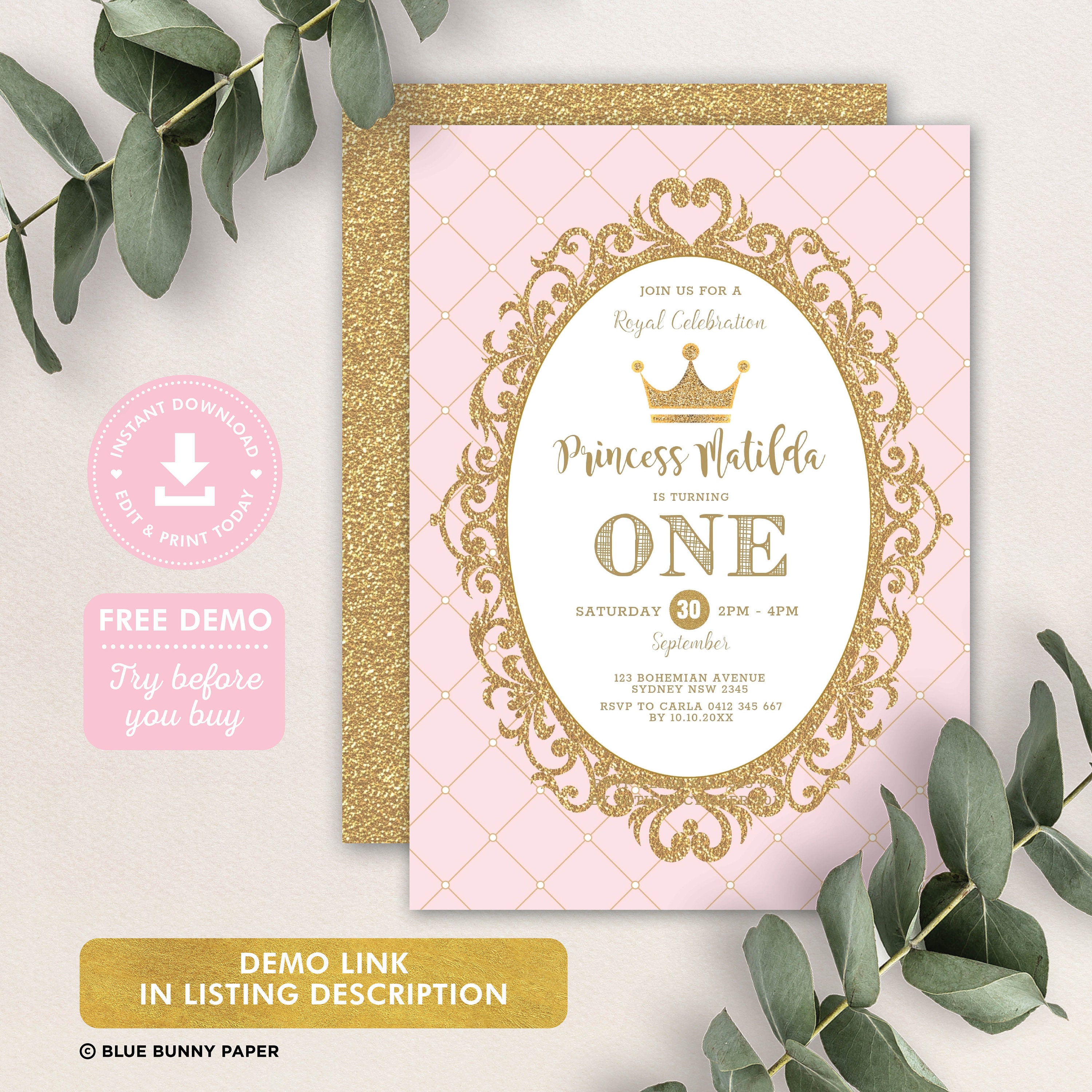 PRINCESS First 1st Birthday Invitation Pink and Gold Party - Etsy