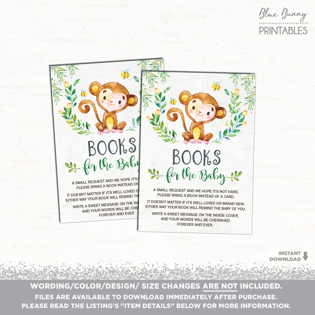 Monkey Books for Baby Card. Jungle Monkey Baby Shower Insert - Etsy