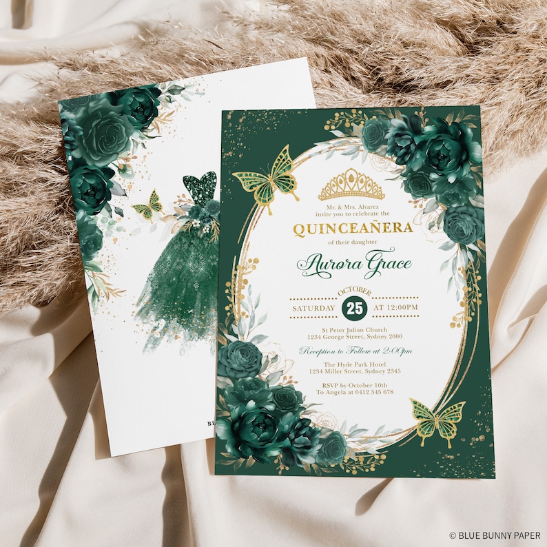 Emerald Green Roses Quinceañera Invitation Crown Princess Mis - Etsy