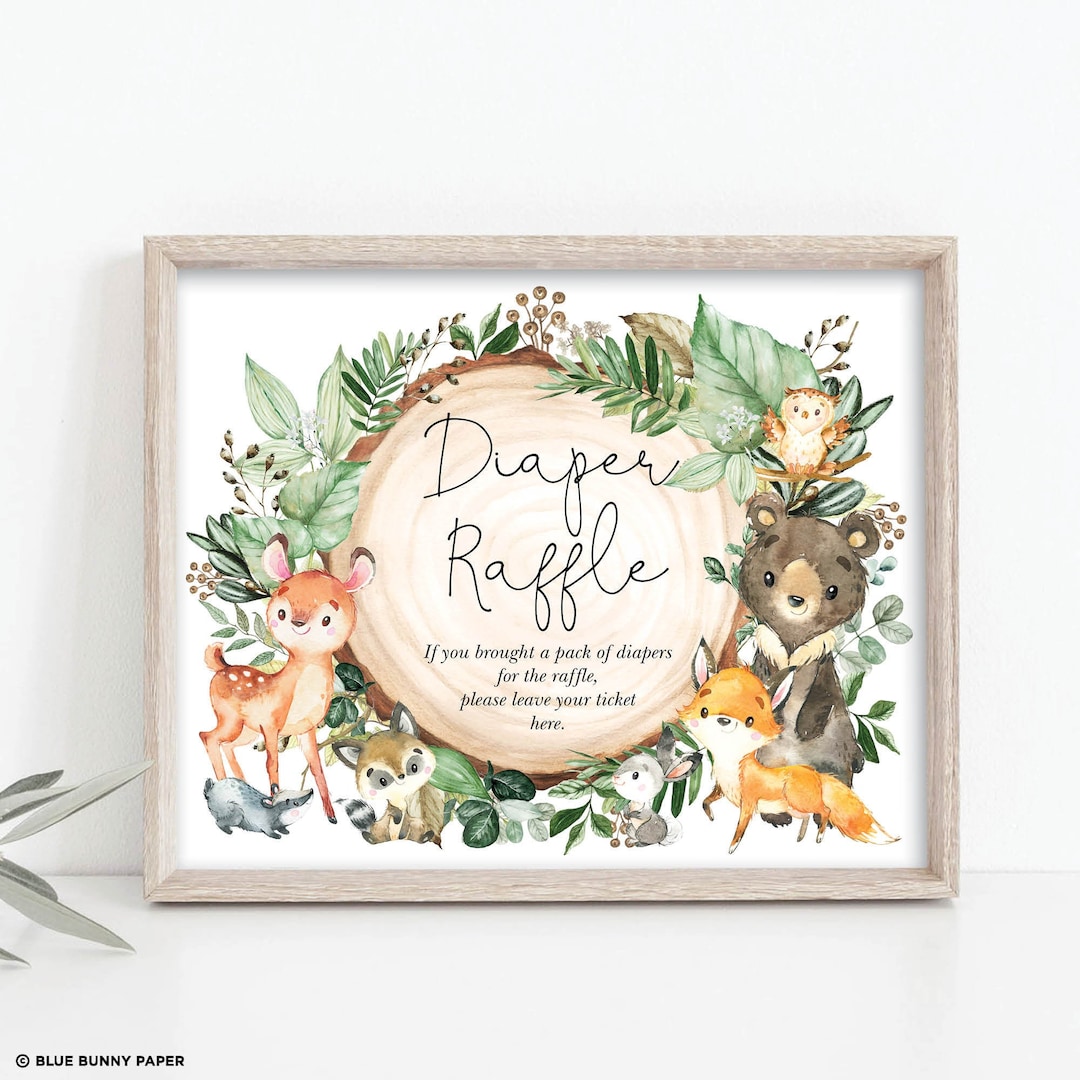 Diaper Raffle Sign, Woodland Animals Baby Shower Printable, Rustic ...