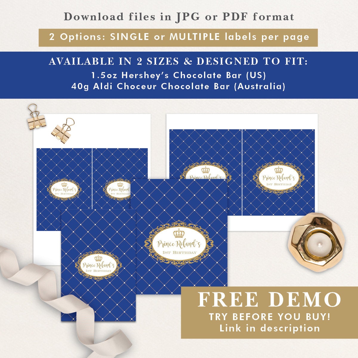 Crown Prince Chocolate Wrapper Royal Blue Gold 1st Birthday - Etsy