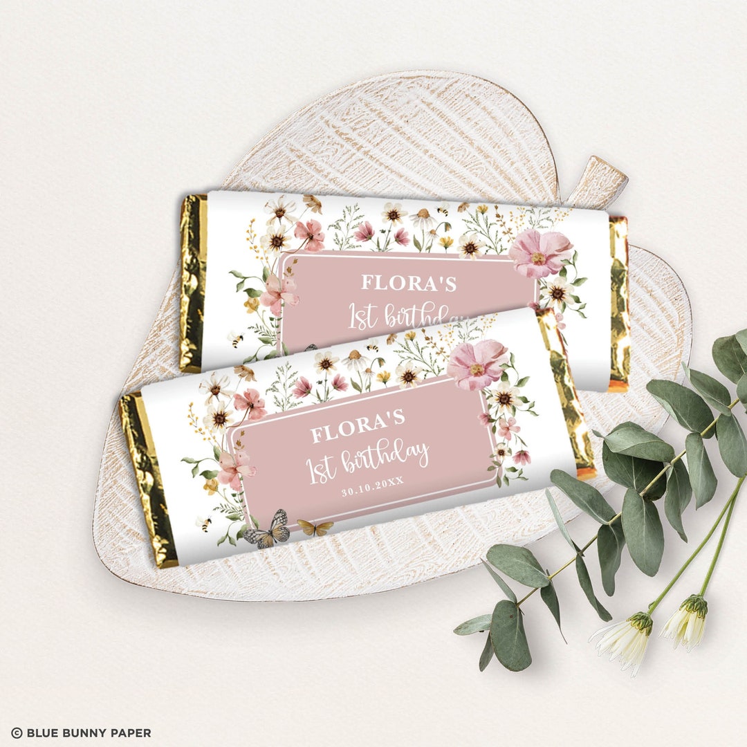 Wildflower Chocolate Wrapper, Dusty Pink Boho Floral Birthday Candy Bar ...