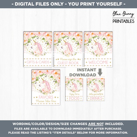 Unicorn Birthday Table Signs. 6 Signs. Pink Gold Confetti Baby Shower ...