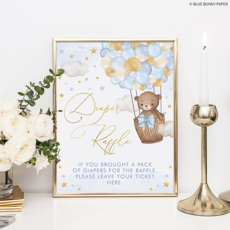 Diaper Raffle Sign Blue Gold Teddy Bear Balloon Baby Shower Decoration ...
