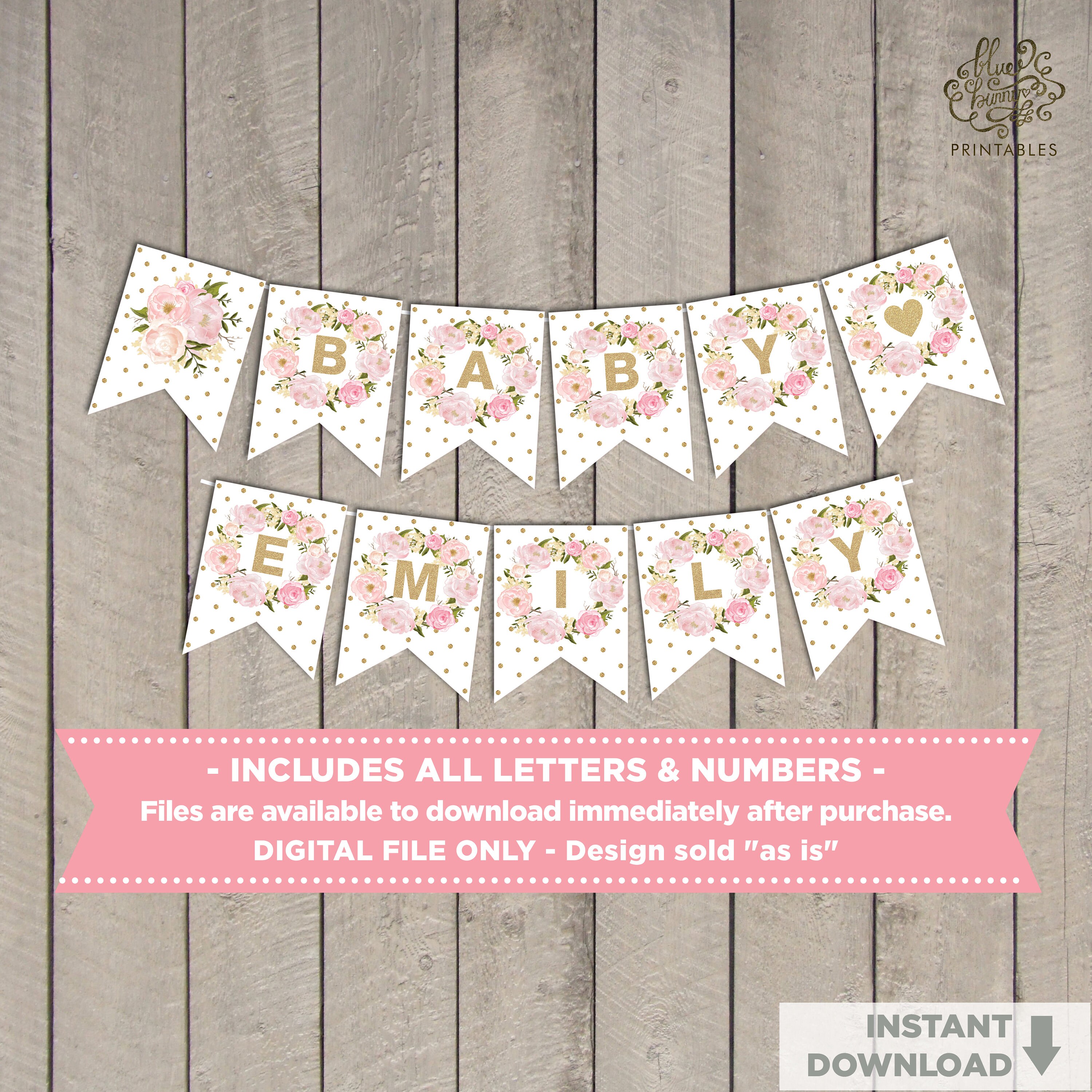 Pink Floral Birthday Printable Banner. Party Decorations. Baby | Etsy