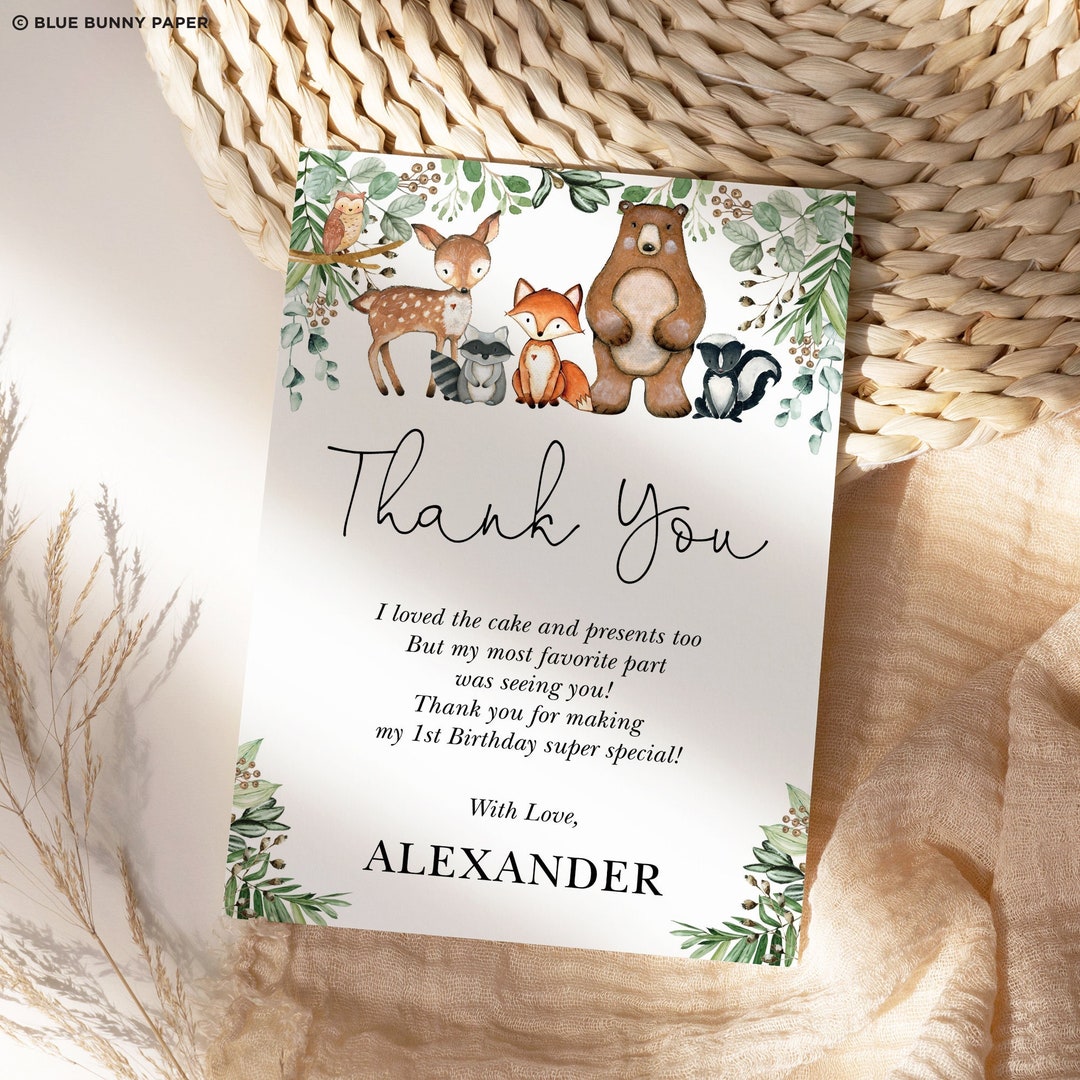 Greenery Woodland Thank You Card, Forest Animals Wild One Birthday ...