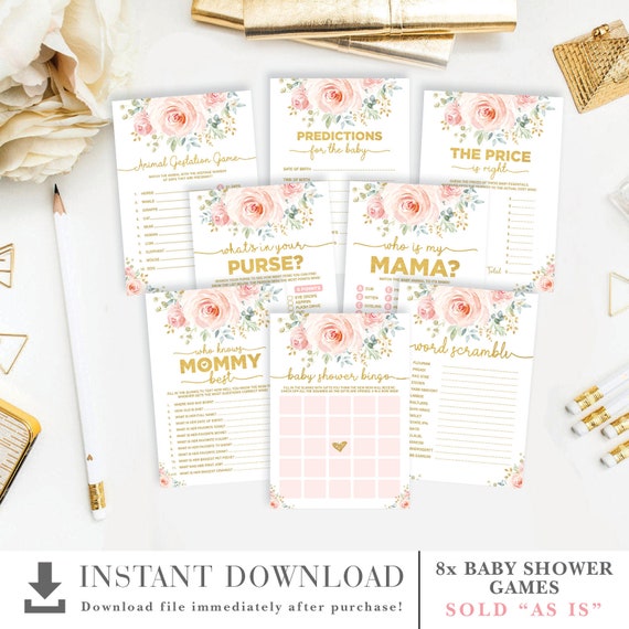 Blush Pink Floral Baby Shower Games Package. Soft Pastel Watercolor ...