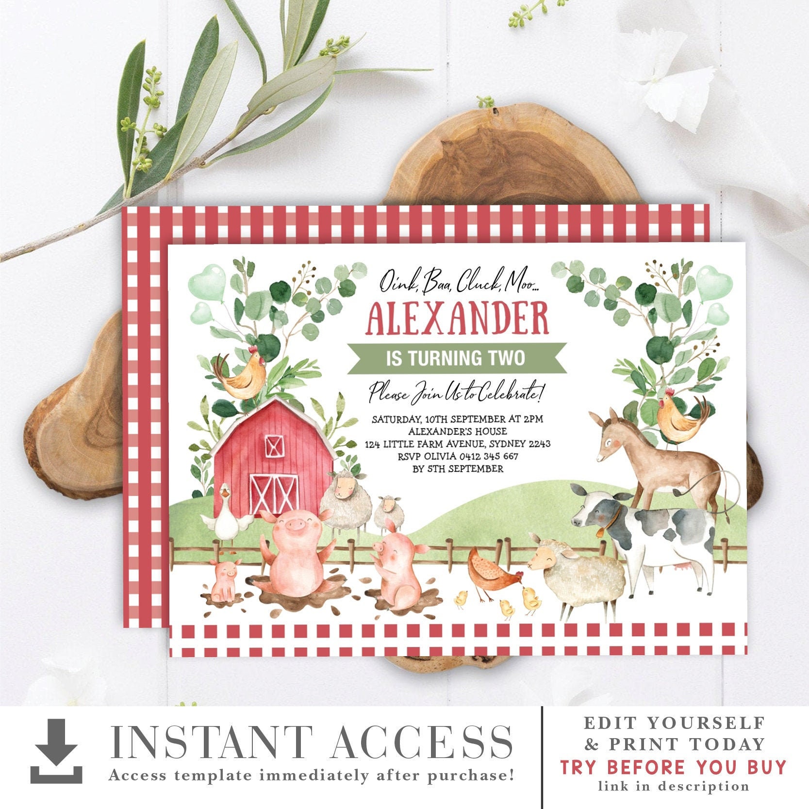 EDITABLE Farm Birthday Invitation. Greenery Barnyard Animals | Etsy