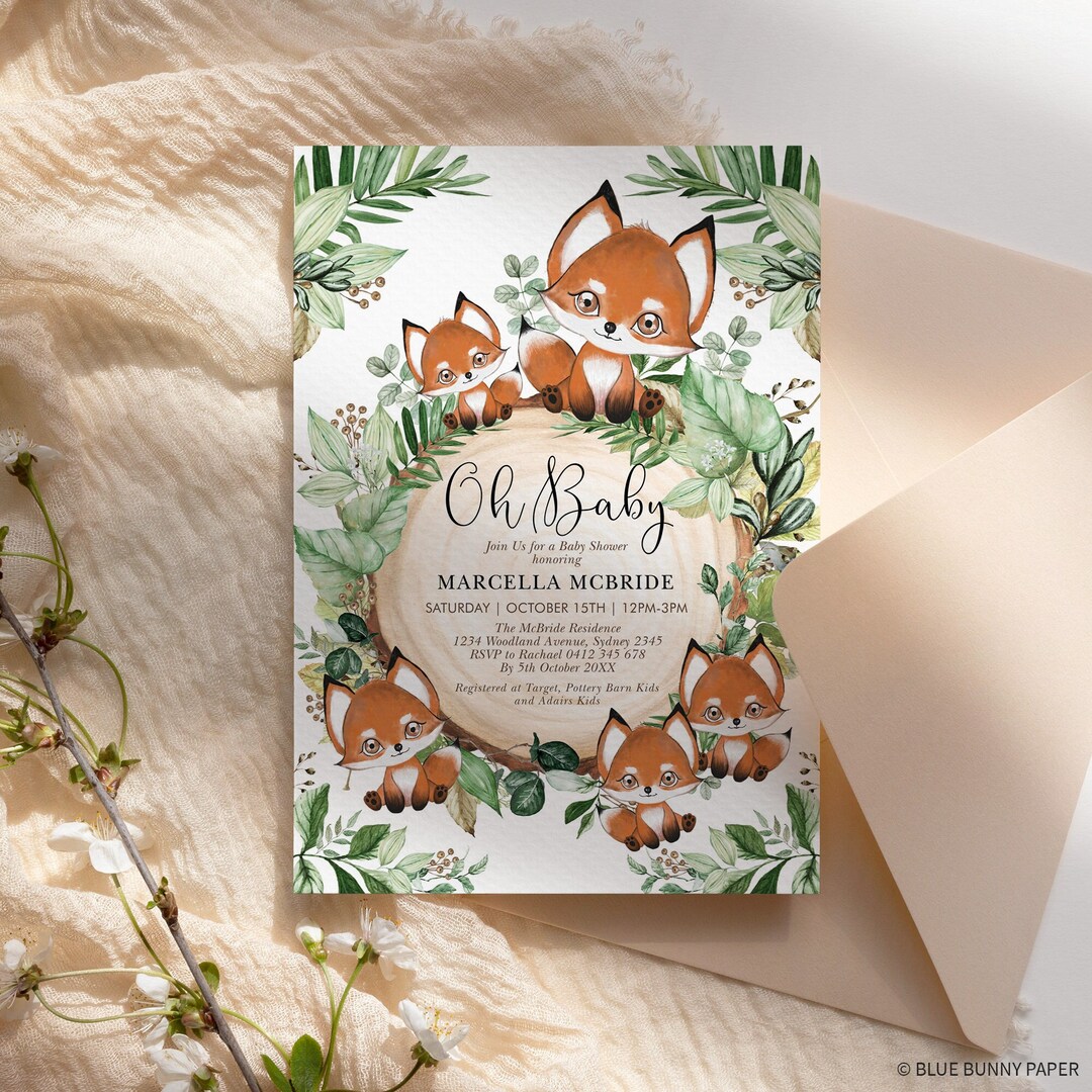Fox Baby Shower Invitation Template, Rustic Greenery Baby Fox Invite ...