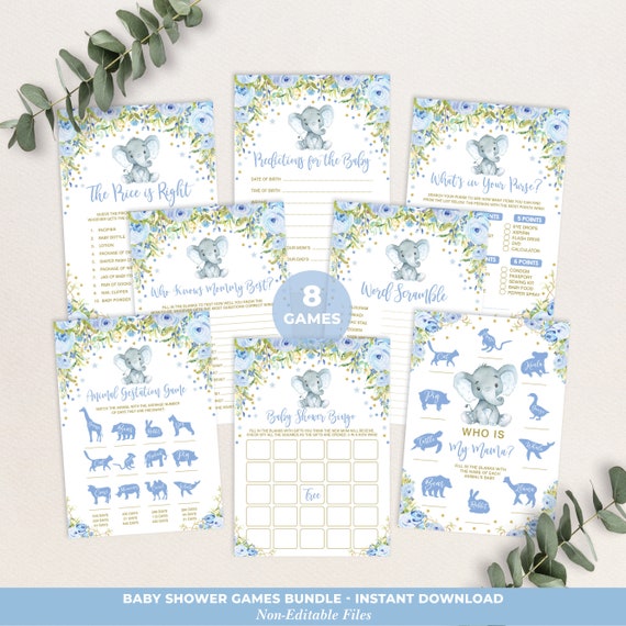 8 Boy Elephant Baby Shower Games, Blue Floral Games Bundle Download ...