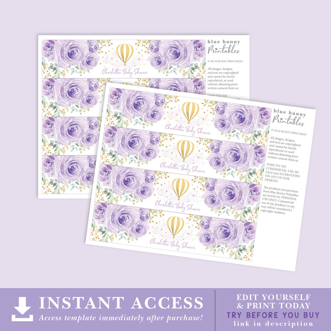 EDITABLE Hot Air Balloon Water Bottle Labels. Lavender Gold Floral Baby ...