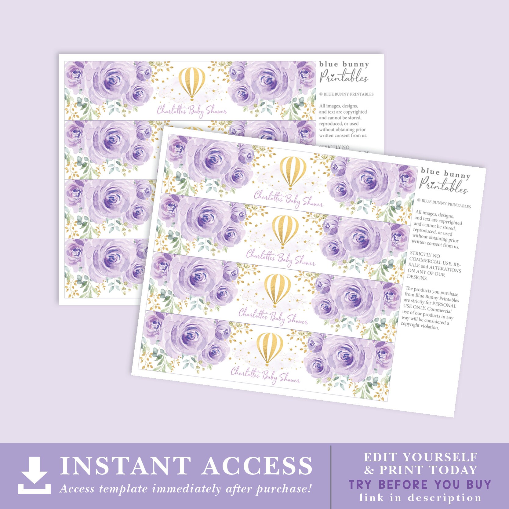 EDITABLE Hot Air Balloon Water Bottle Labels. Lavender Gold Floral Baby ...