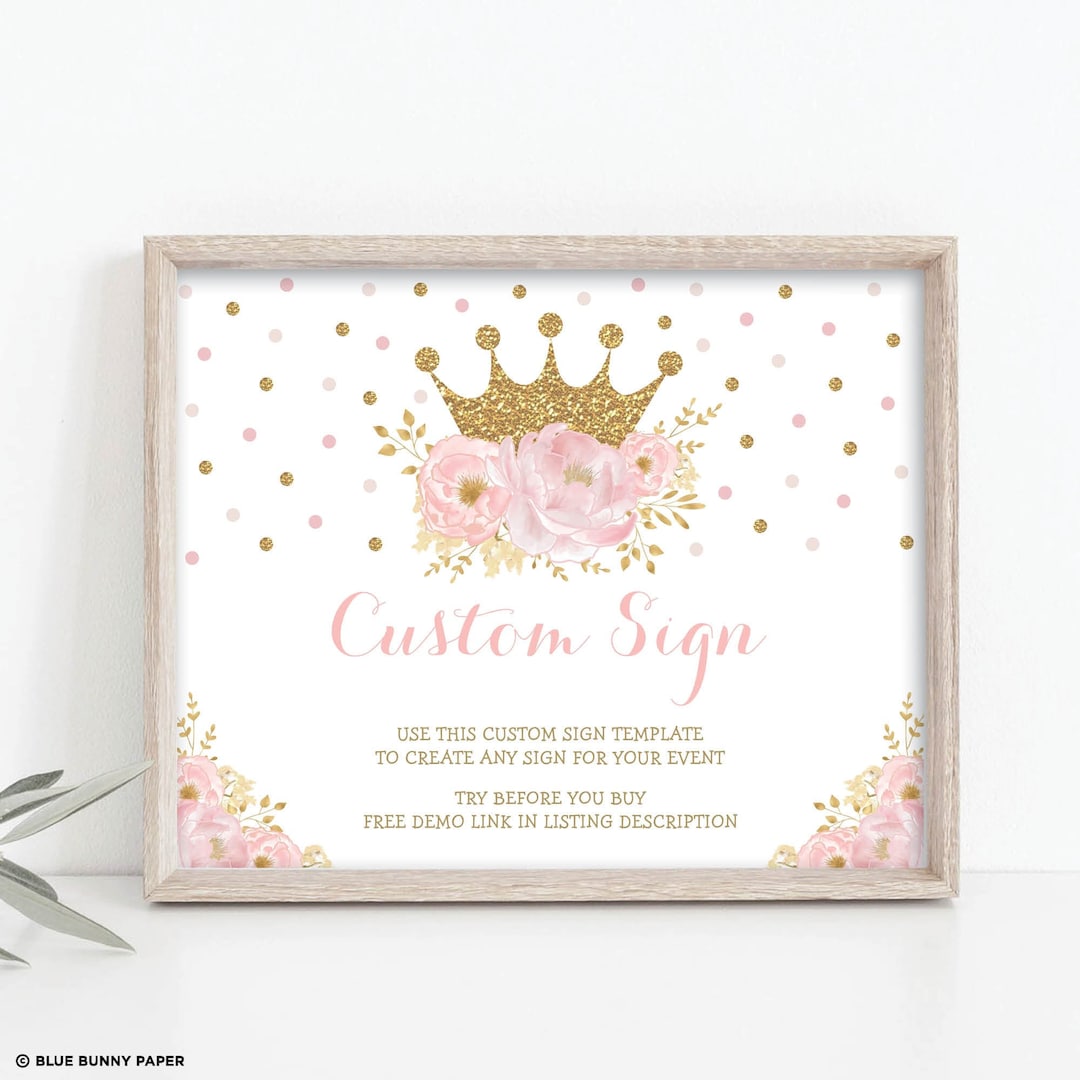 EDITABLE Princess Party Sign Template, Blush Gold Floral Baby Shower ...