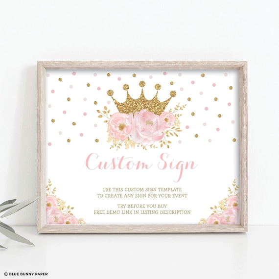 EDITABLE Princess Party Sign Template, Blush Gold Floral Baby Shower ...