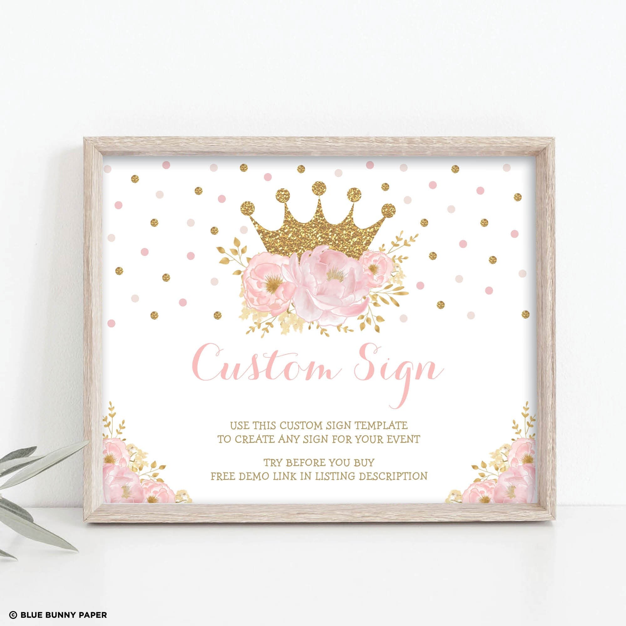 EDITABLE Princess Party Sign Template Blush Gold Floral Baby - Etsy