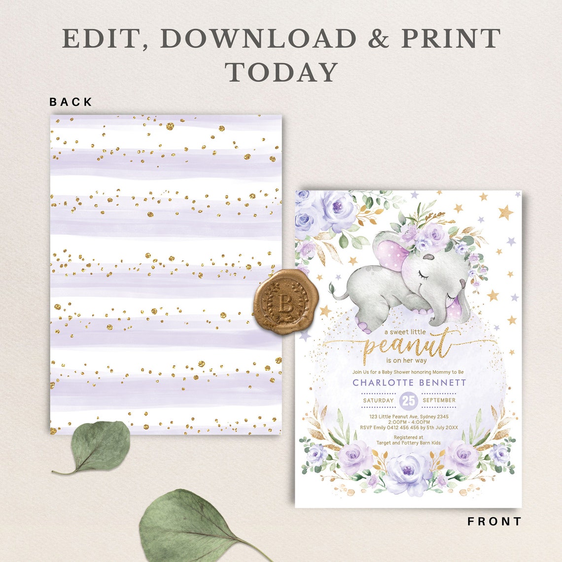 Lavender Elephant Baby Shower Invitation Purple Gold Floral - Etsy