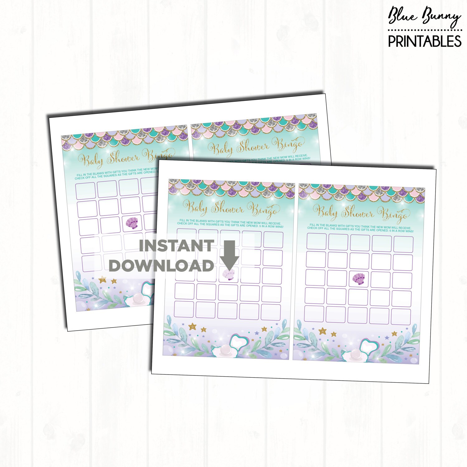 Mermaid BINGO Baby Shower Game. Purple Gold Silver Teal Glitter ...
