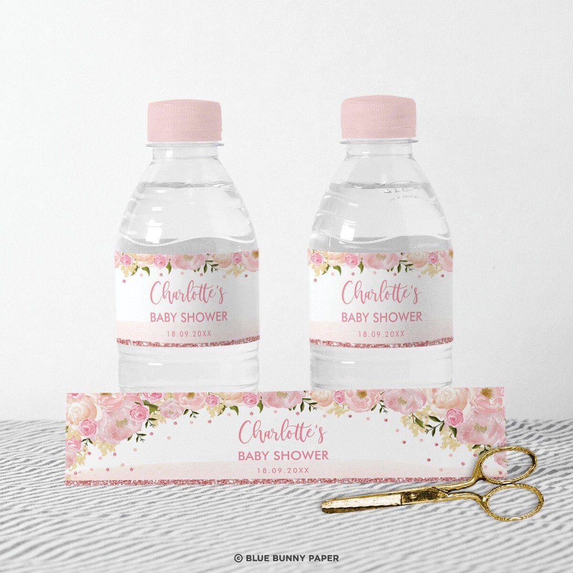Rose Gold Floral Water Bottle Label, Blush Flower Baby Shower Favors ...