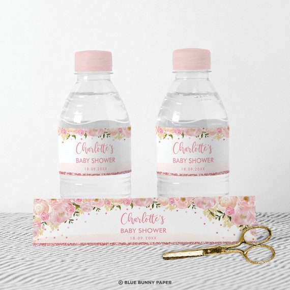 Rose Gold Floral Water Bottle Label Blush Flower Baby Shower - Etsy