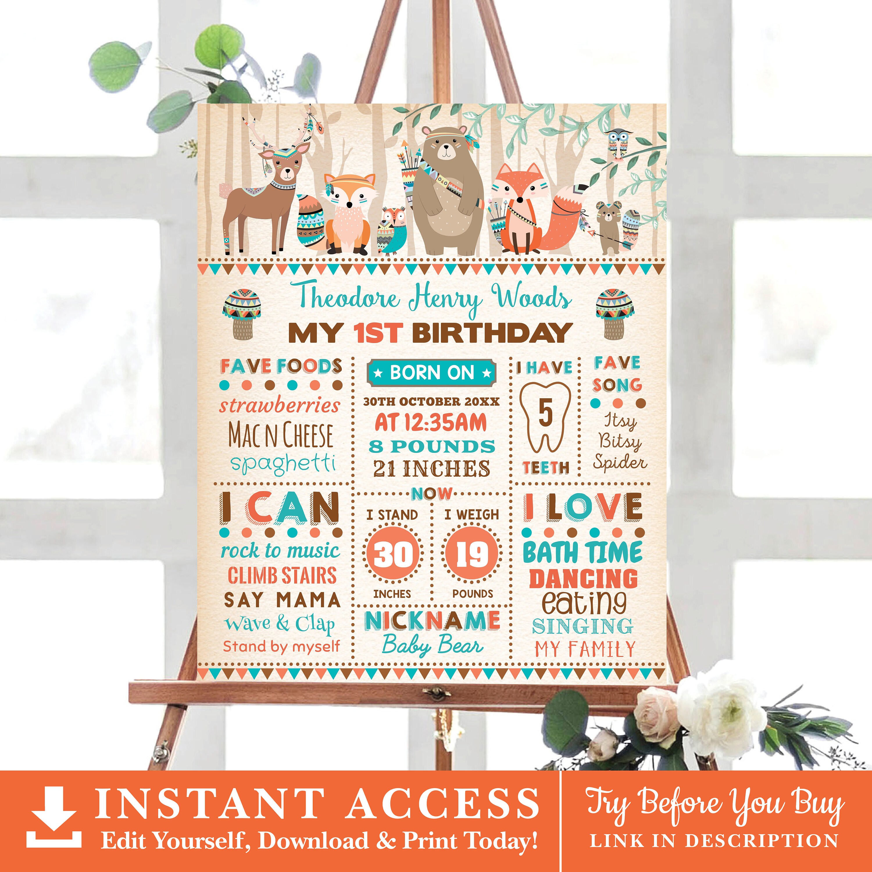Tribal Woodland 1st Birthday Milestone Poster. Wild One Forest | Etsy