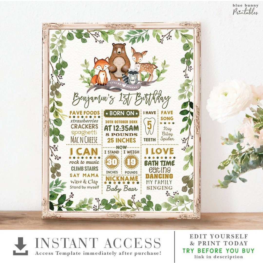 Greenery Woodland First Birthday Milestone Poster. Forest Animals 1st ...