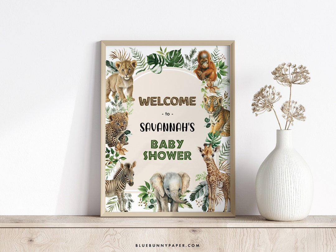 Boho Safari Welcome Sign Jungle Animals Baby Shower Editable Tropical ...