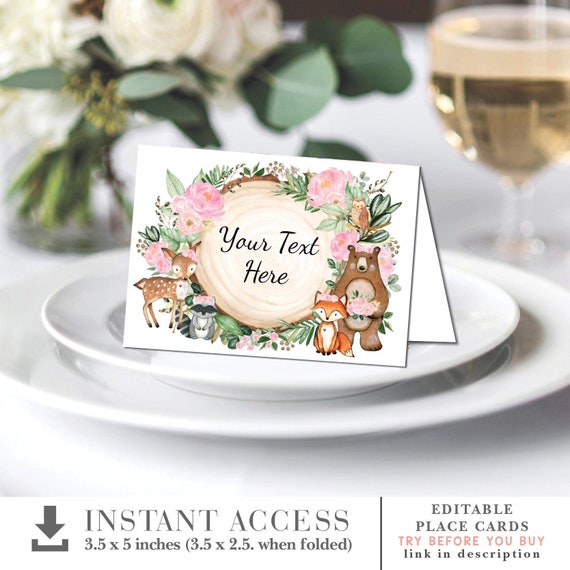 EDITABLE Girl Woodland Place Cards. Pink Floral Forest Animals Food ...