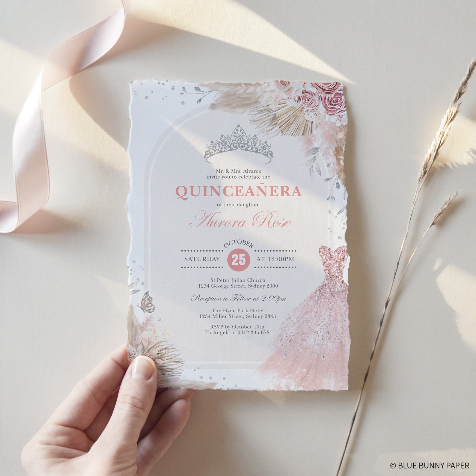 Quinceañera Invitation Editable Template Pink Glitter Dress Floral 15th ...