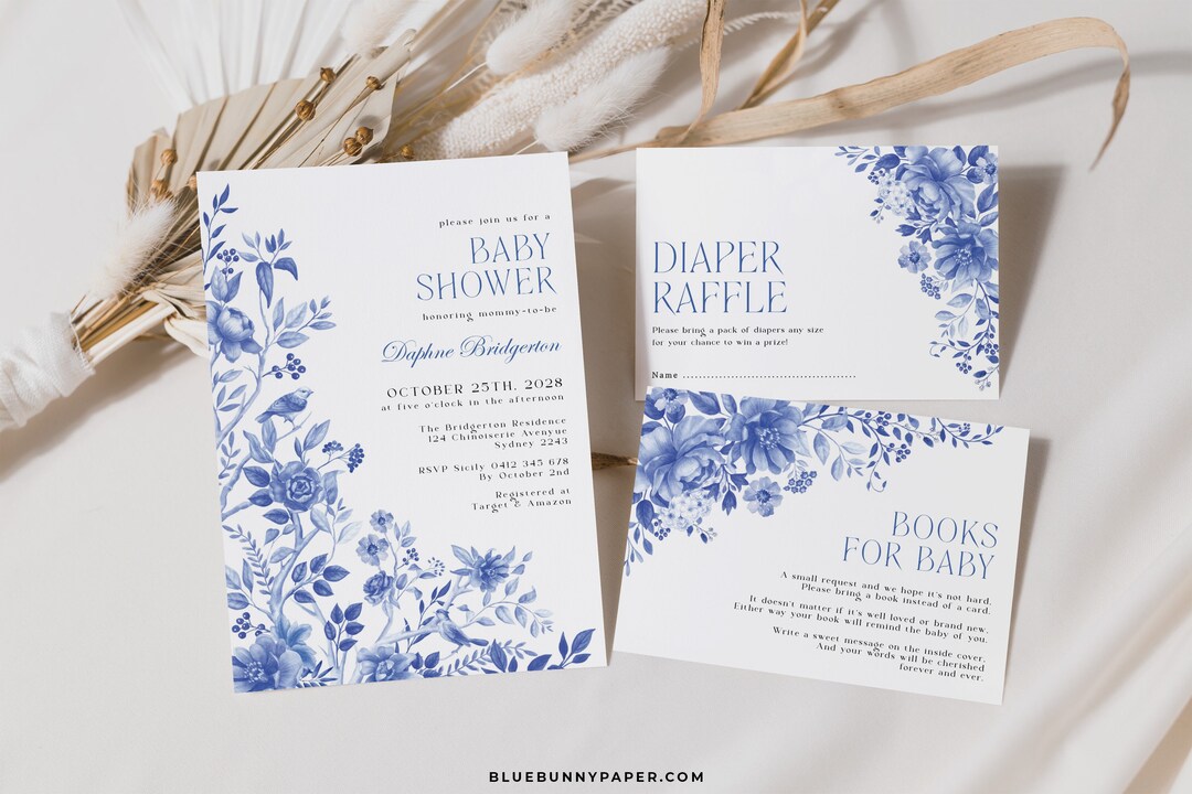 Blue and White Baby Shower Invitation Bundle, Blue Floral Chinoiserie ...