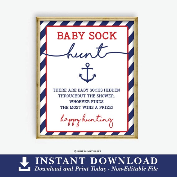 Nautical Baby Sock Hunt Game Sign, Navy Red Baby Shower Sock Hunting ...