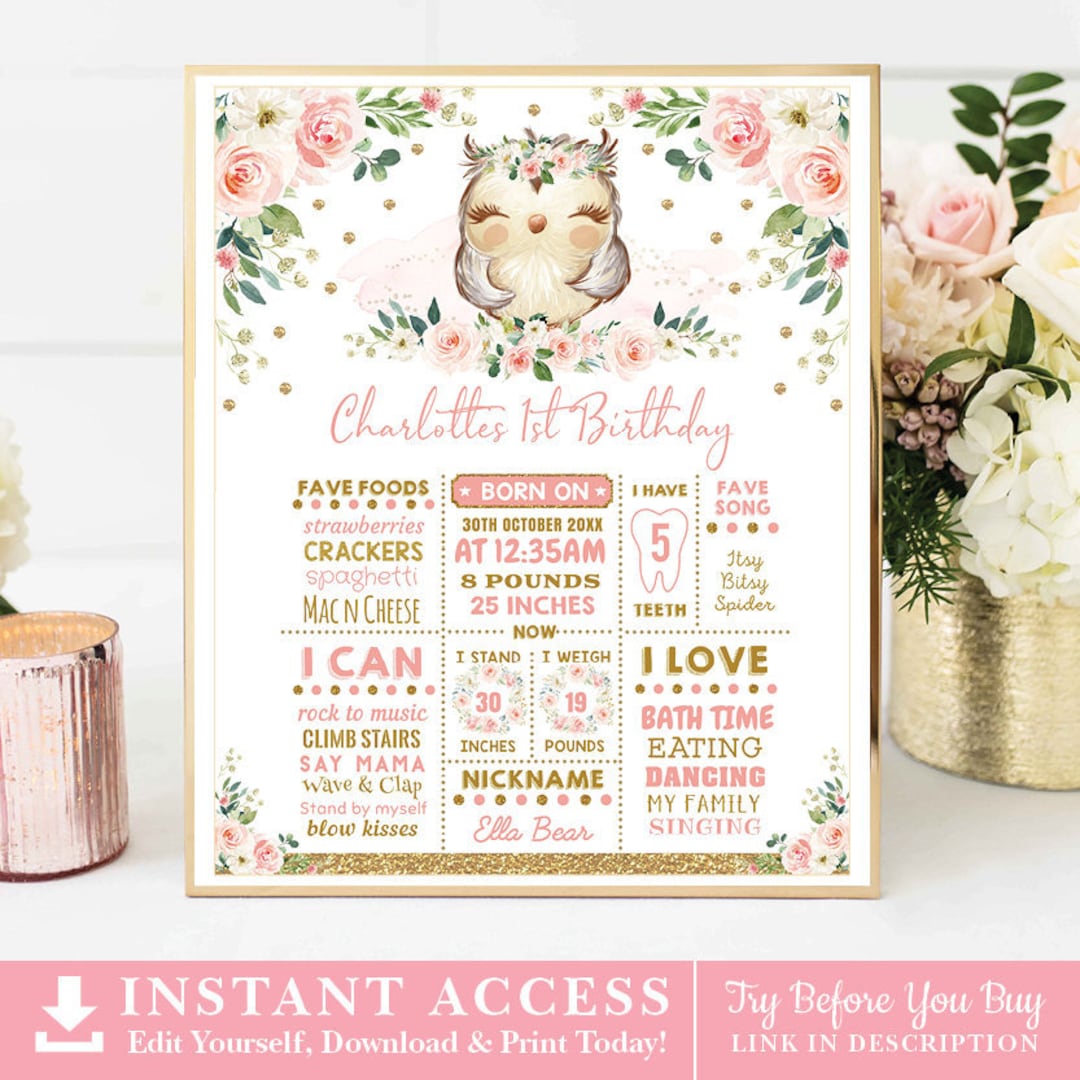 Girly Owl 1st Birthday Milestone Poster. Blush Floral Owl Chalkboard ...