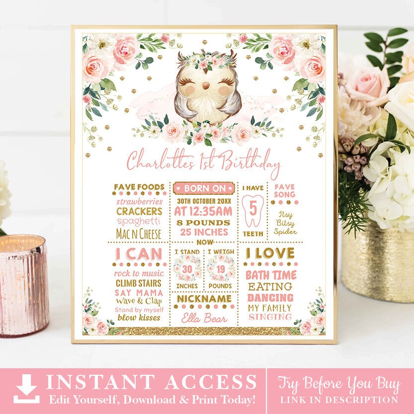 Girly Owl 1st Birthday Milestone Poster. Blush Floral Owl Chalkboard ...