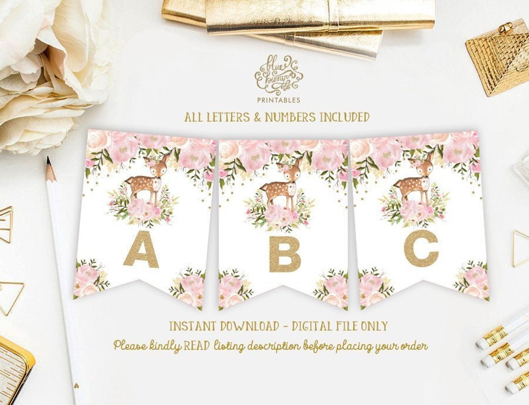 Girl Woodland Deer Birthday Printable Banner. Pink Watercolor Floral ...